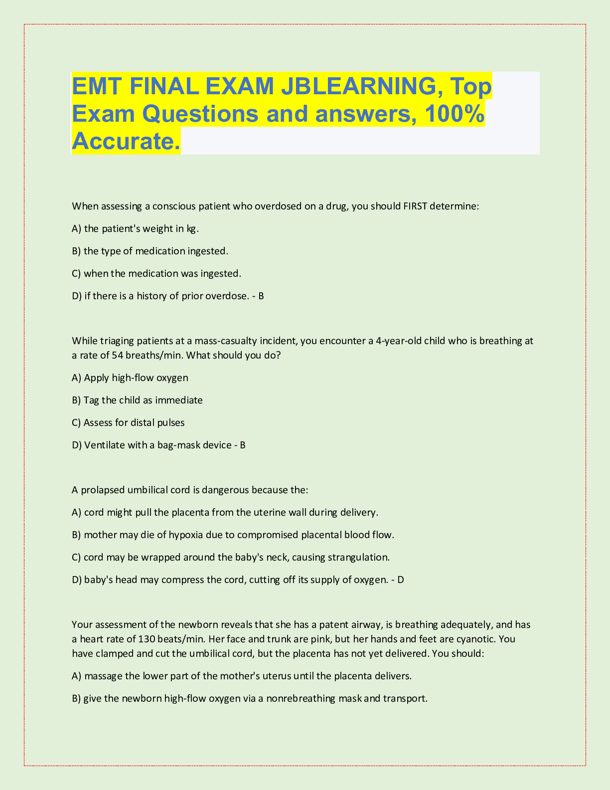 EMT FINAL EXAM JBLEARNING, Top Exam Questions and answers, 100% Accurate - Scholarfriends
